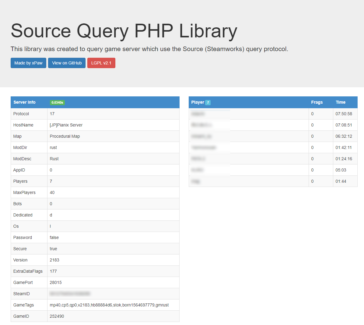Source Query PHP Library を使ってMinecraftやRUSTのサーバー情報を表示する | claypier